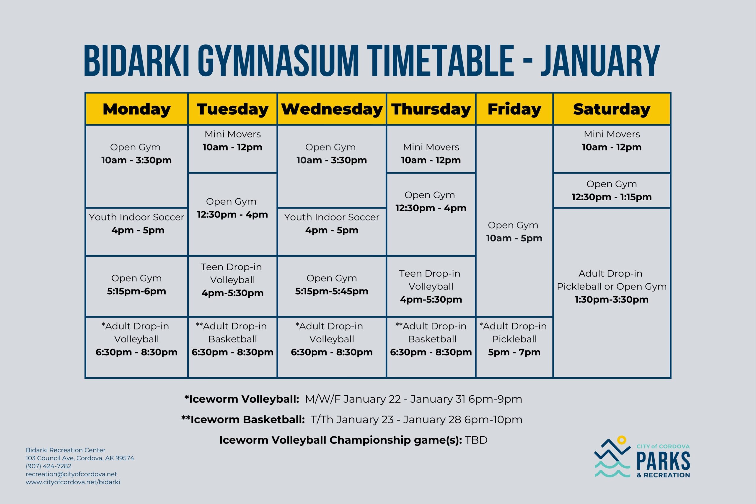 Bidarki & Pool Timetables - City of Cordova, Alaska