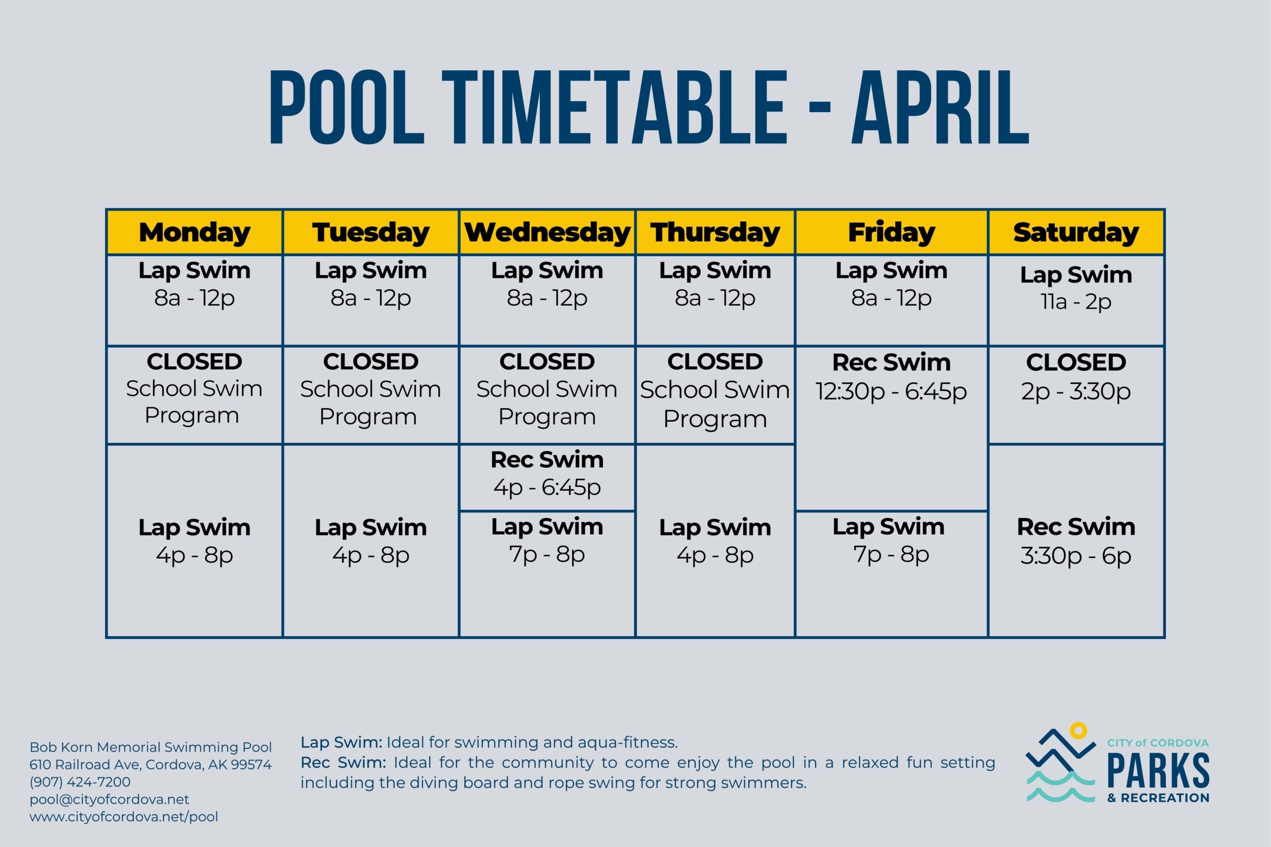 Bidarki & Pool Schedule - City of Cordova, Alaska