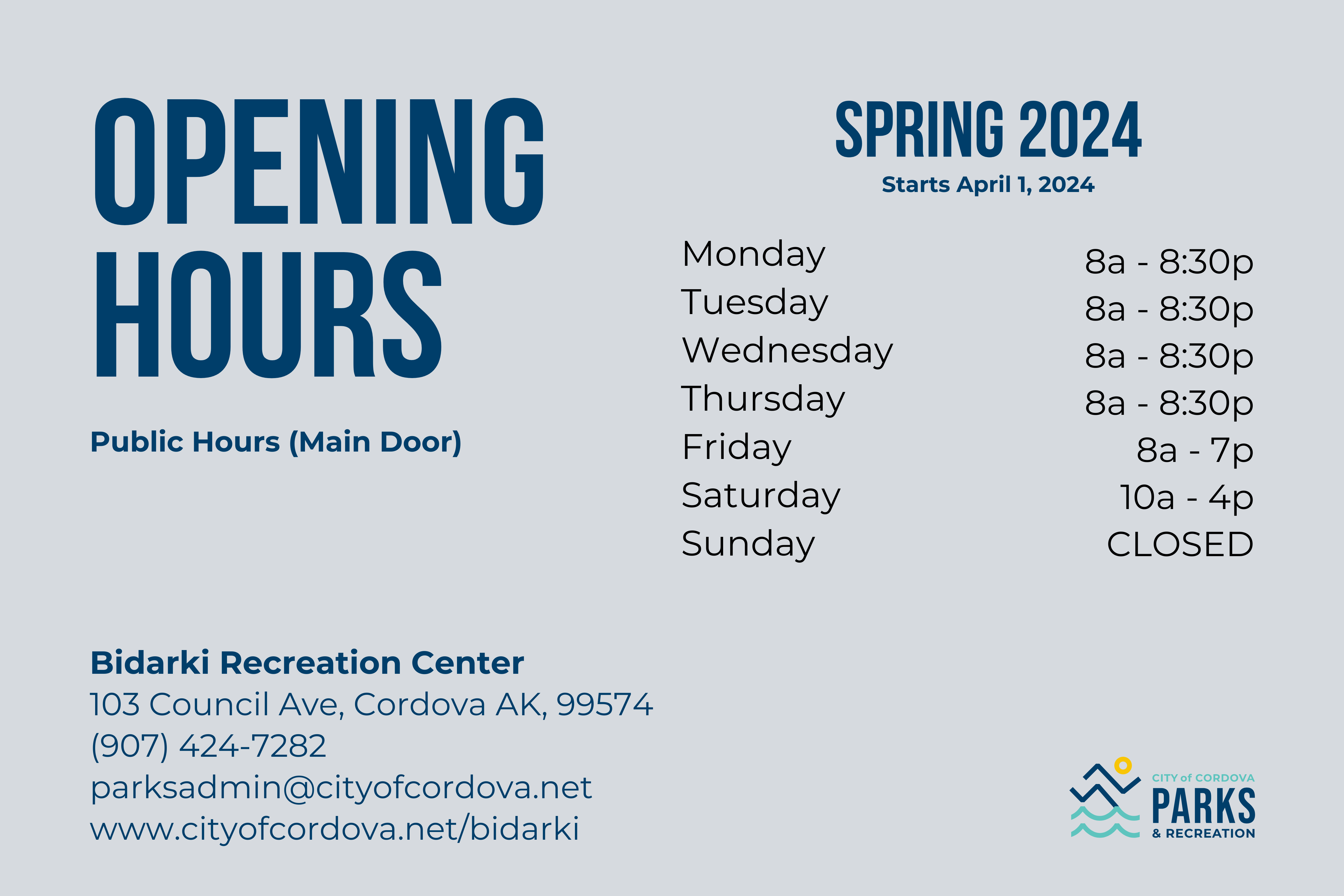 Bidarki & Pool Schedule - City of Cordova, Alaska