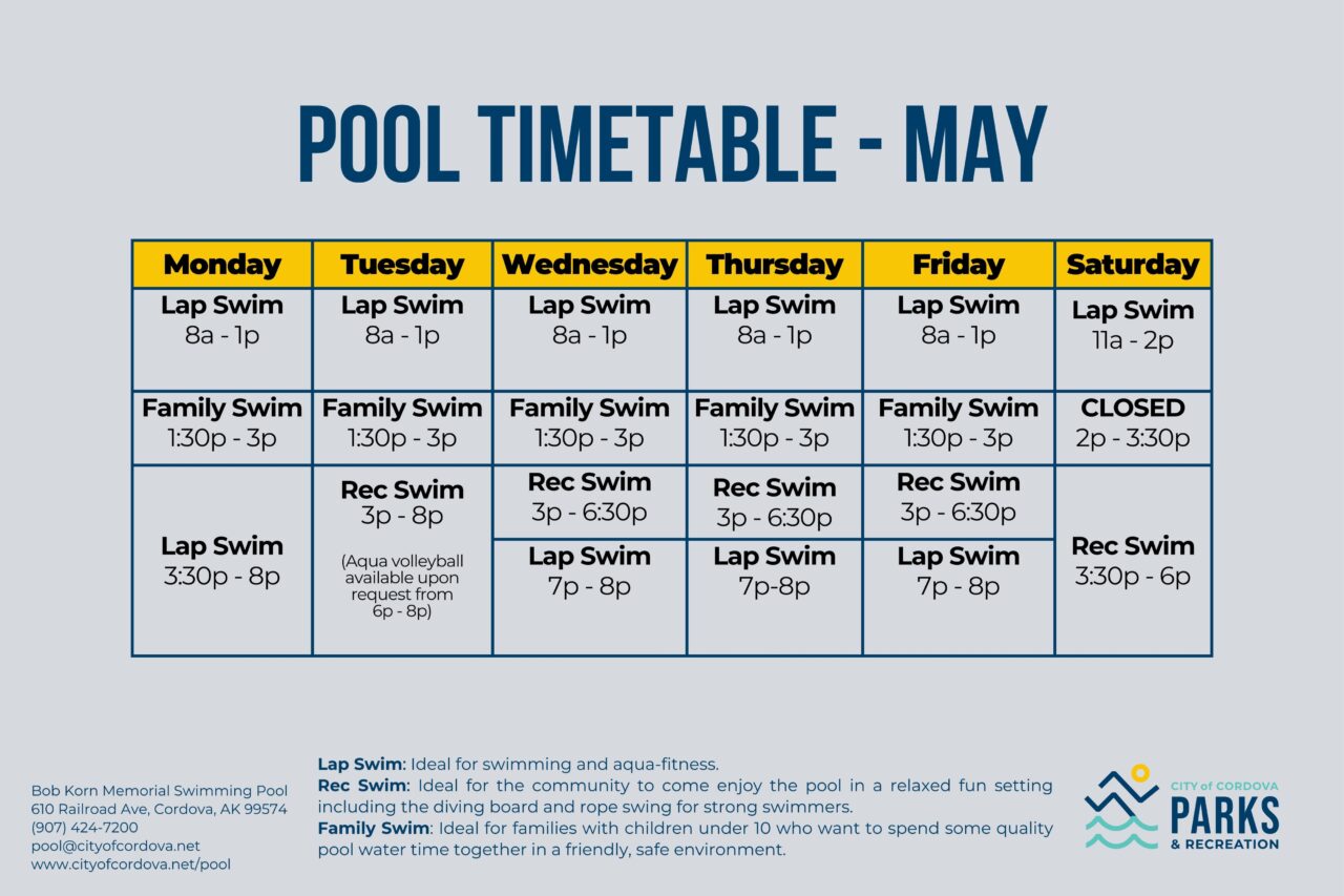 Bidarki & Pool Schedule - City of Cordova, Alaska