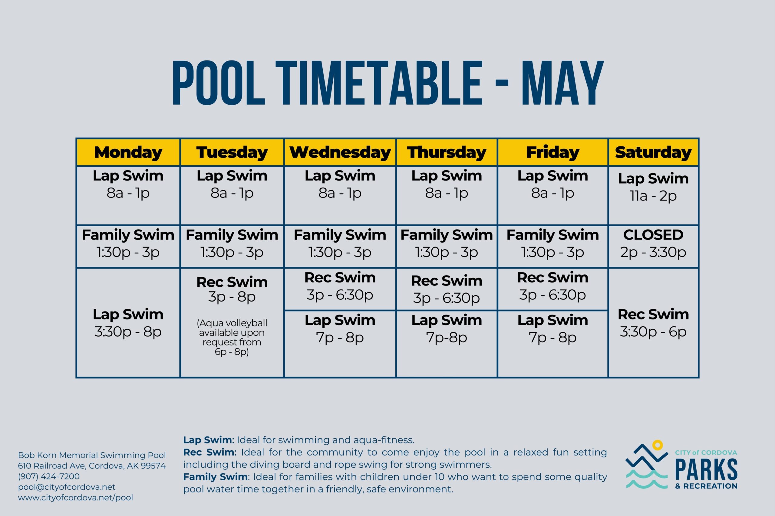 Bidarki & Pool Schedule - City of Cordova, Alaska
